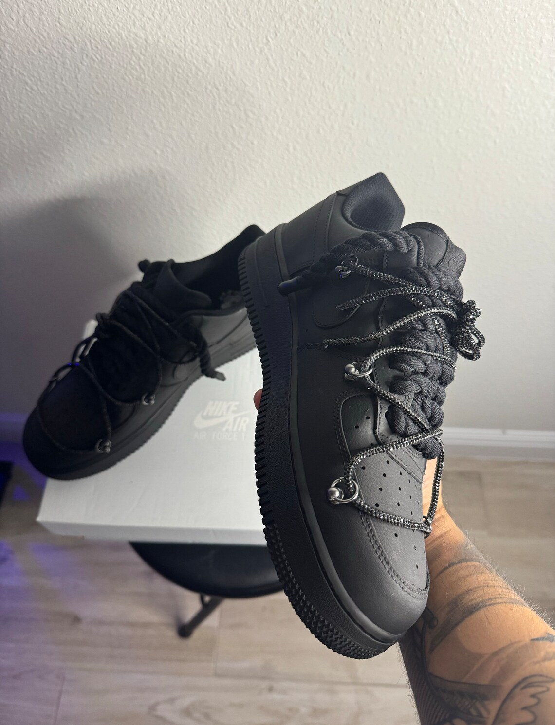 Custom Double Laced Matte Black Af1 With Thick Rope Laces and Blue ...
