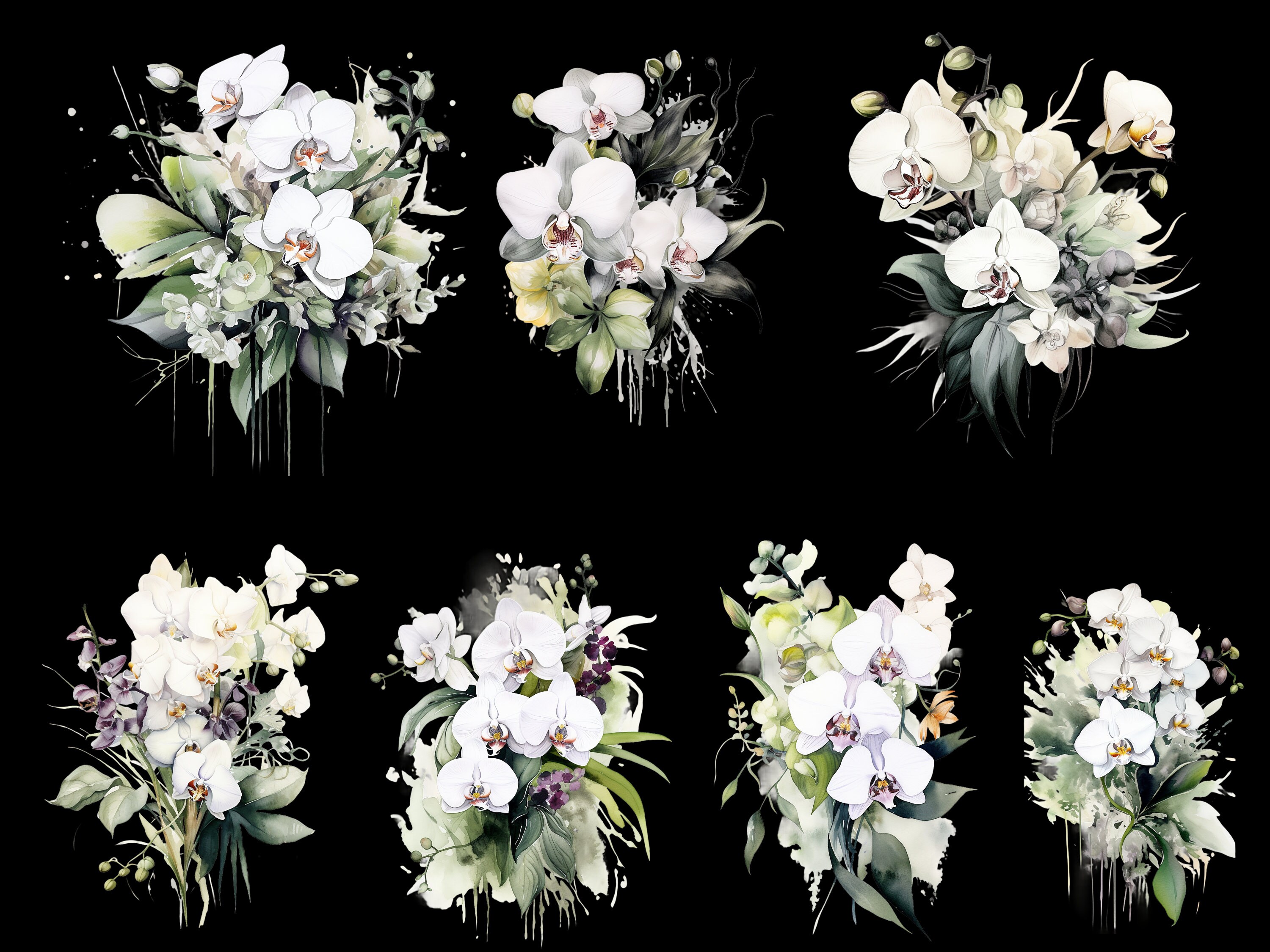 White Orchid Clipart Bundle, Watercolor Clipart, Floral Corner Border ...