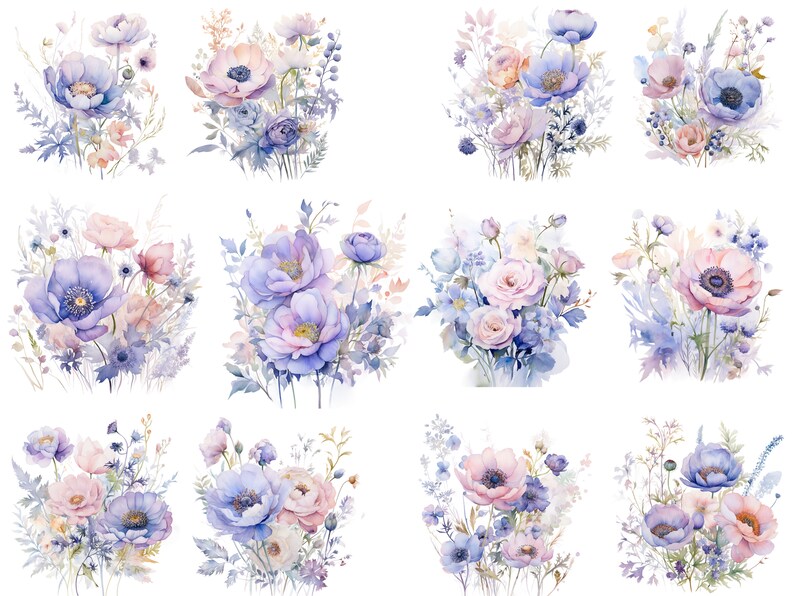 Violet Watercolor Floral Clipart Bundle, Floral Corner Border, Floral ...