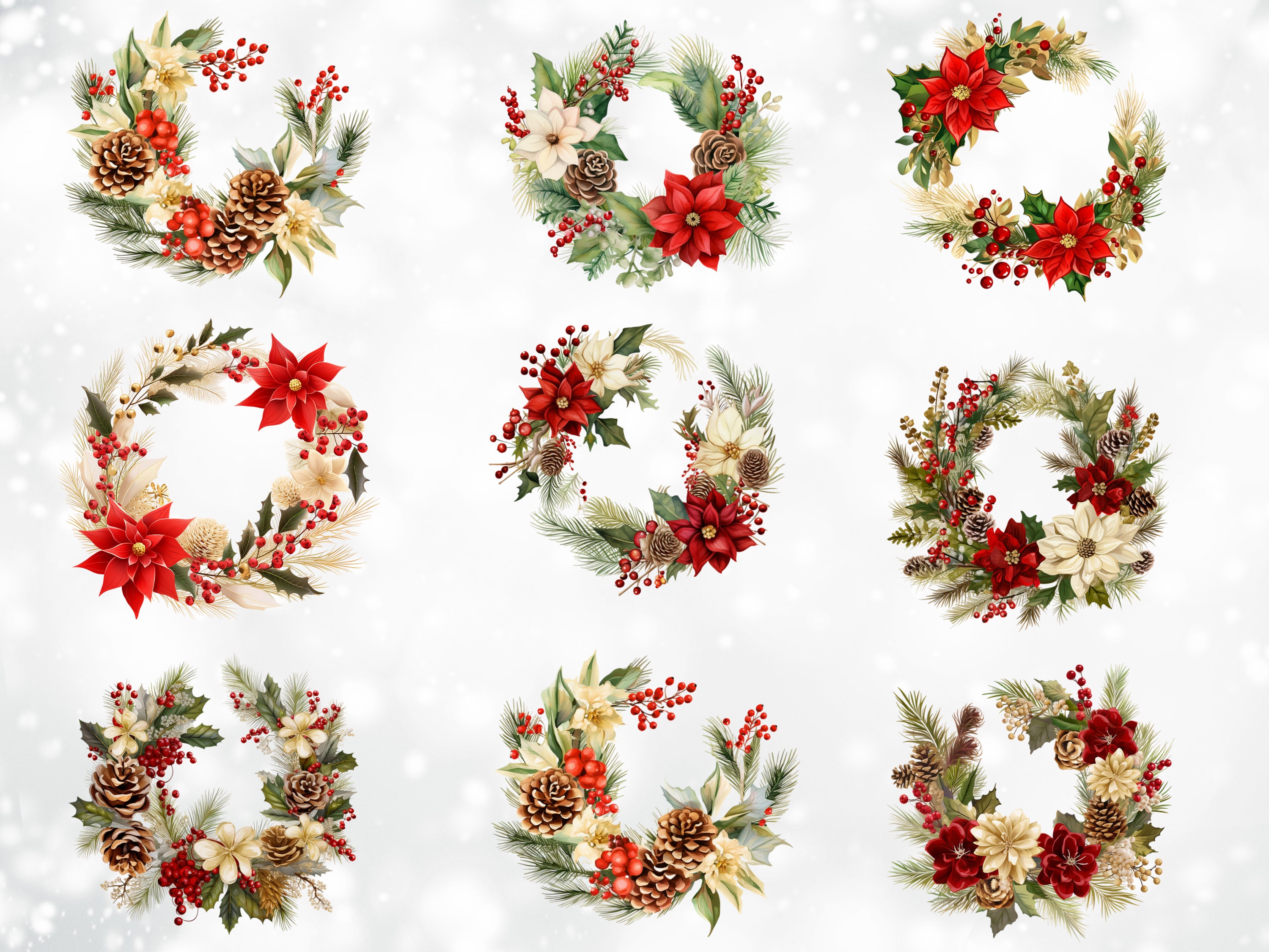 Red and Green Christmas Clipart Bundle, Winter Floral Wreath Clipart ...