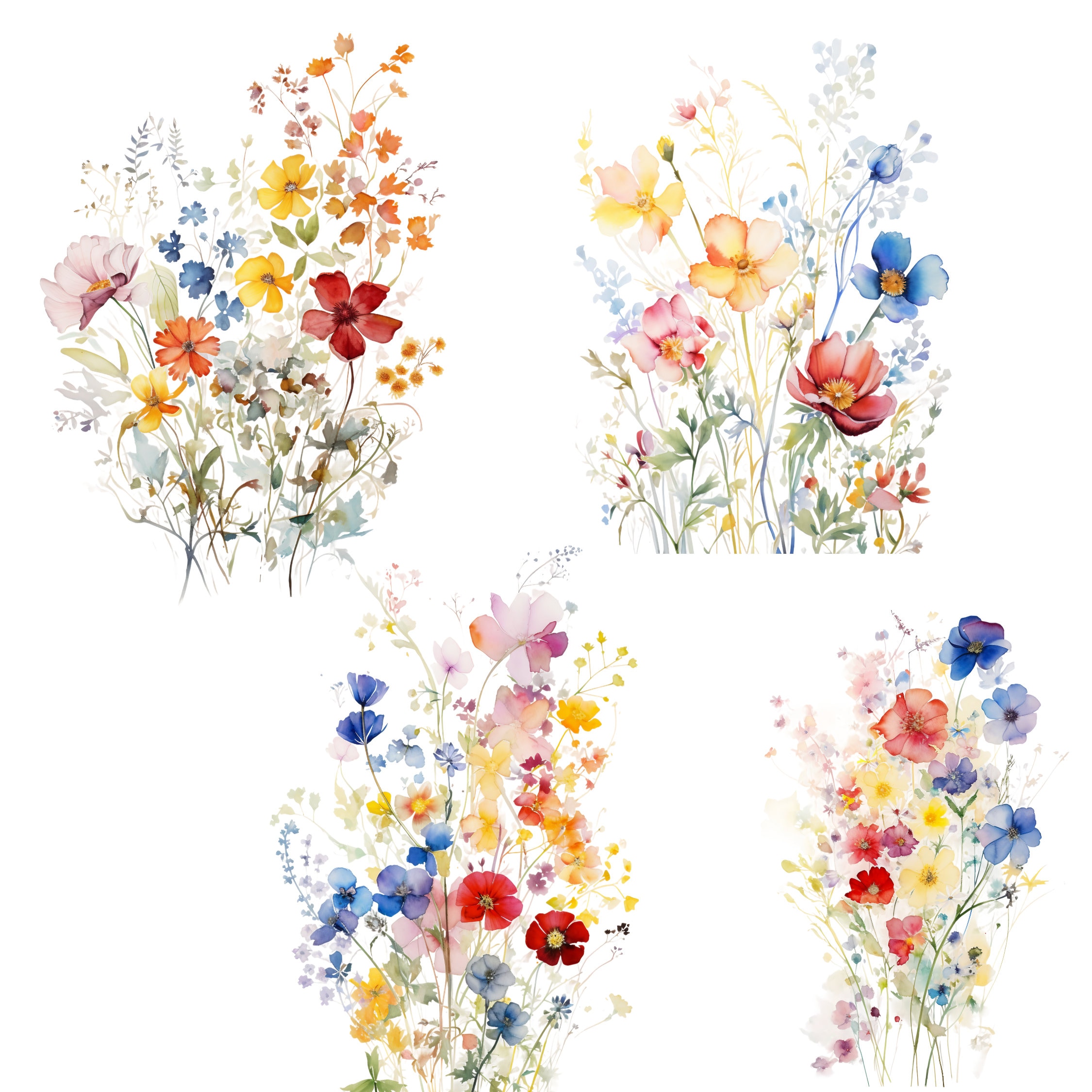 Red Blue Yellow Watercolor Clipart Bundle, Watercolor Floral Borders ...