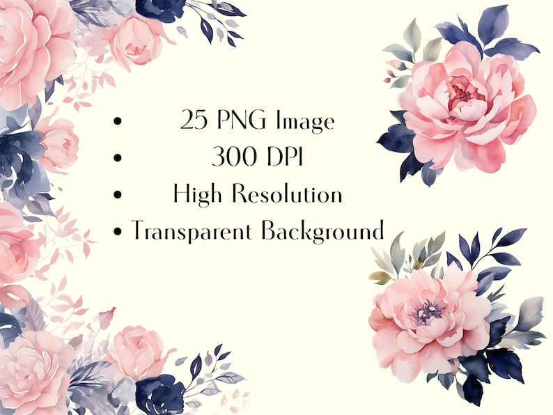Navy and Blush Watercolor Floral Clipart Bundle, Floral Corner Border ...