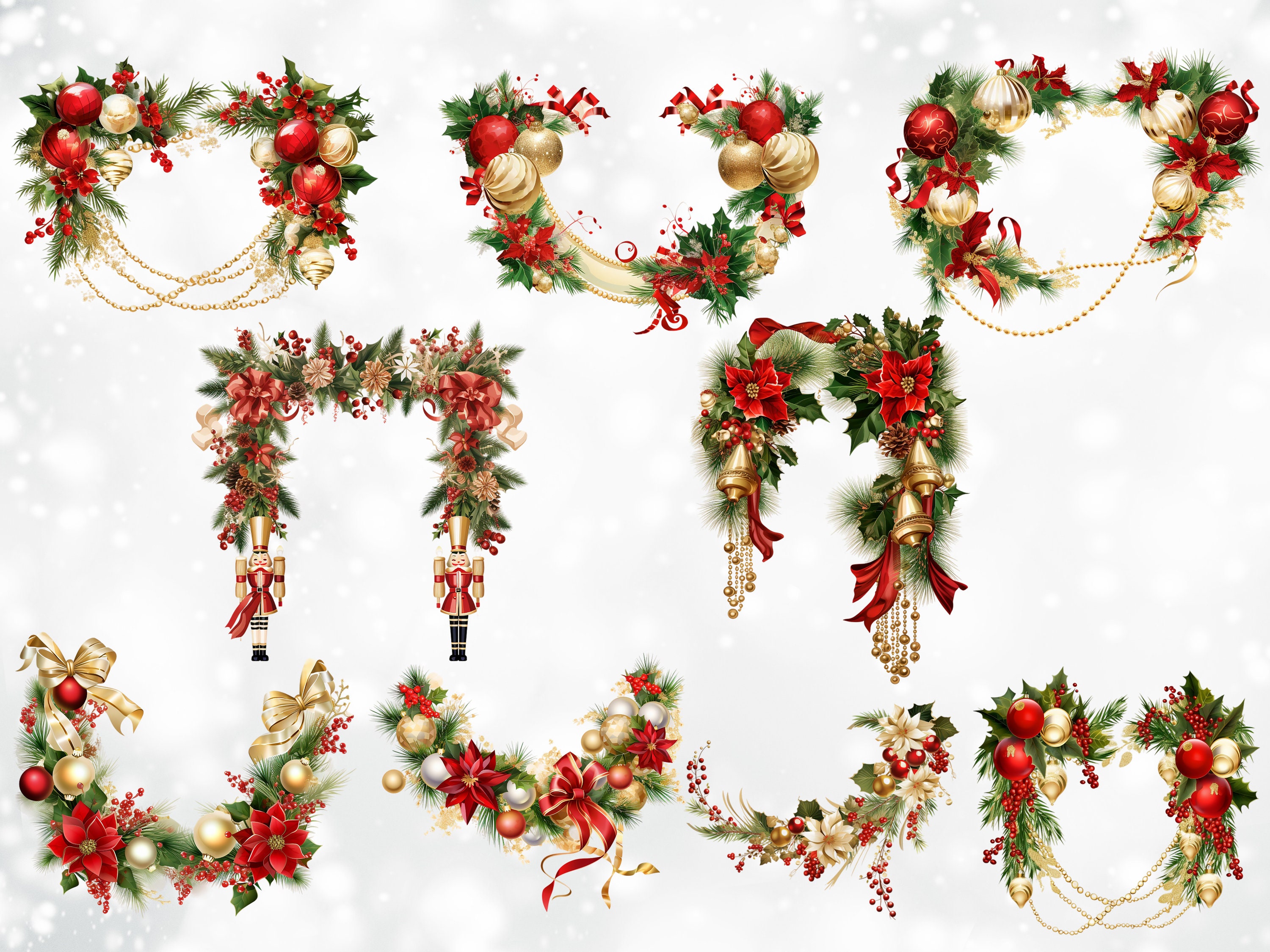 Red and Green Christmas Clipart Bundle, Winter Floral Wreath Clipart ...