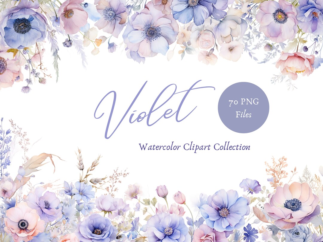 Violet Watercolor Floral Clipart Bundle, Floral Corner Border, Floral ...