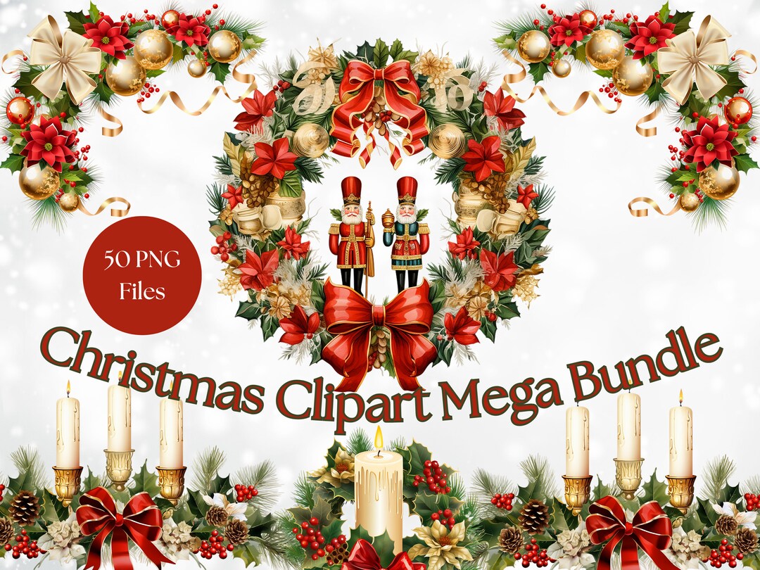 Red and Green Christmas Clipart Bundle, Winter Floral Wreath Clipart ...