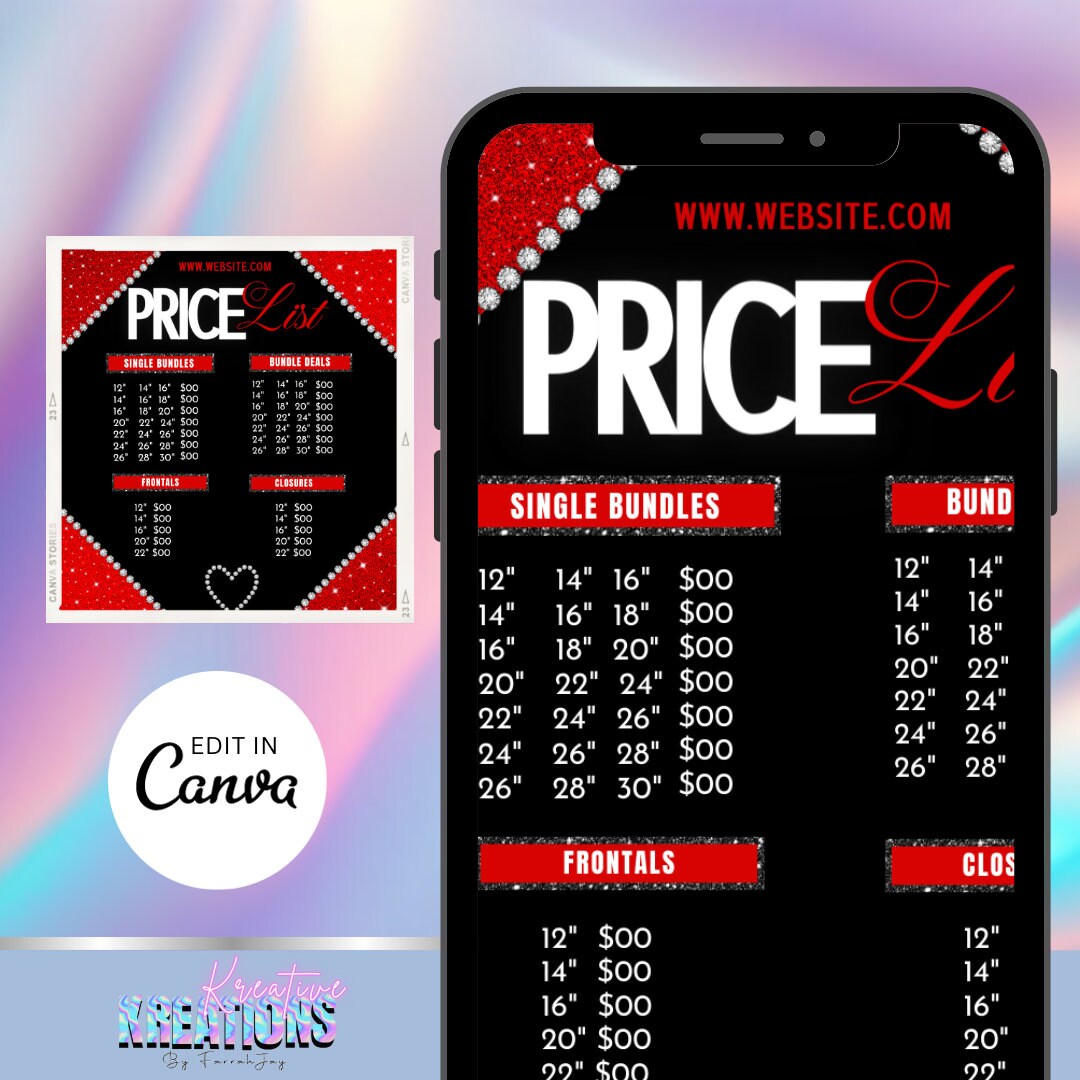 Diy Red Price List, Canva, Instant Download,red Glam, Bundle Deals, Price List, Instagram, Wig ...