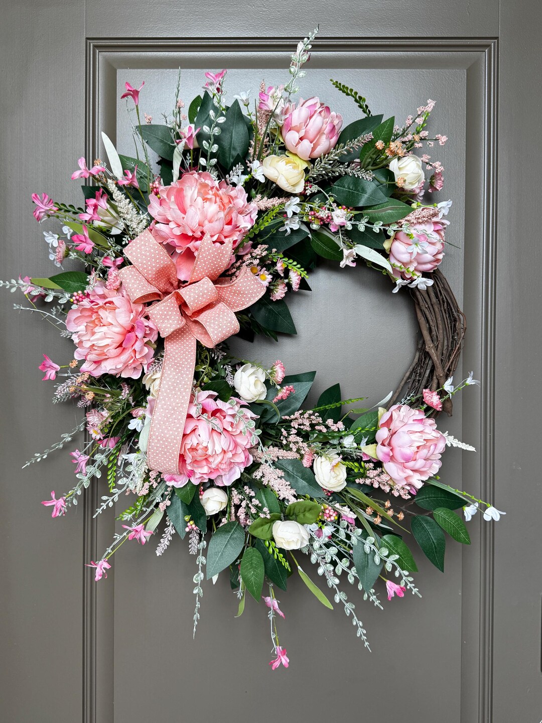 Spring Peony Wreath: Peach Roses, Grapevine Cottage Decor - Etsy