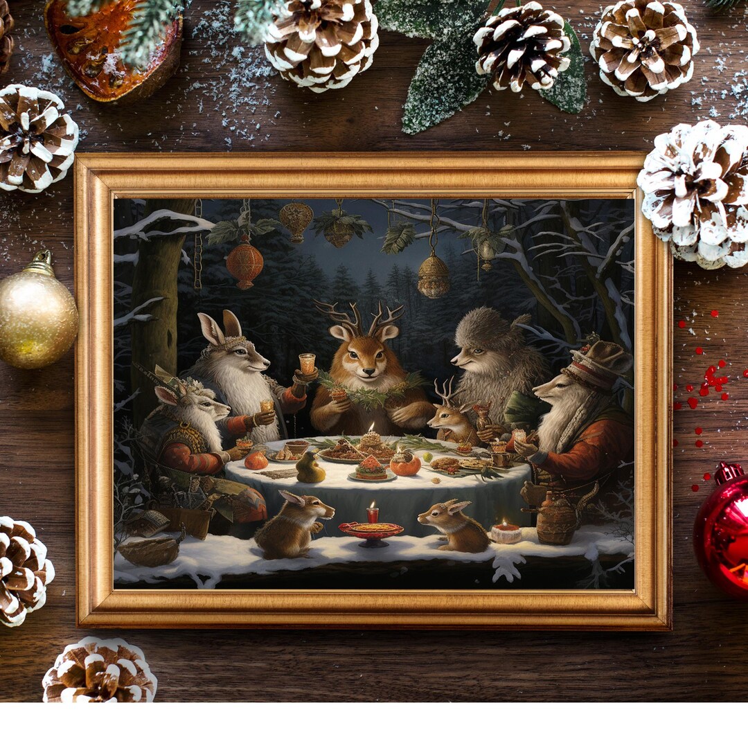 Christmas Woodland Creature Feast Digital Print Wall Decor Moody Nature ...