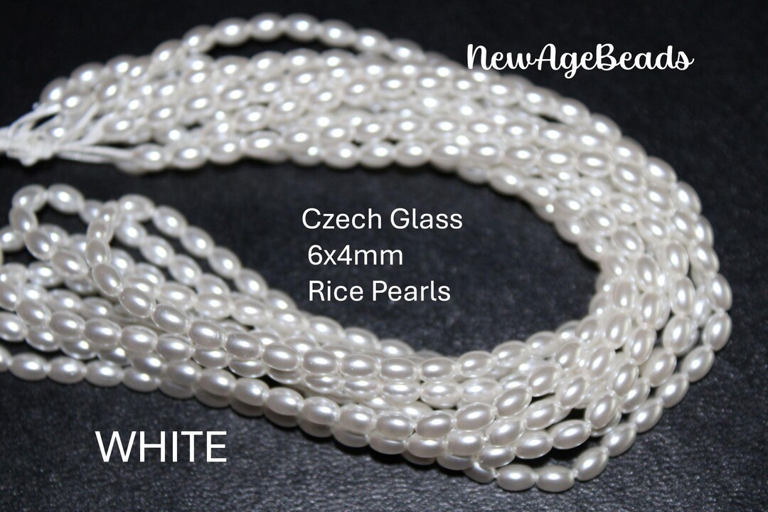 2-strands Czech Glass Rice Pearls 6x4mm White | Bridal Beads | Wedding ...
