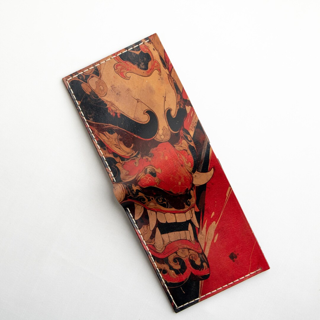 Handmade Leather Wallet - Samurai Mask Oni Design - Unique Gift for Him ...