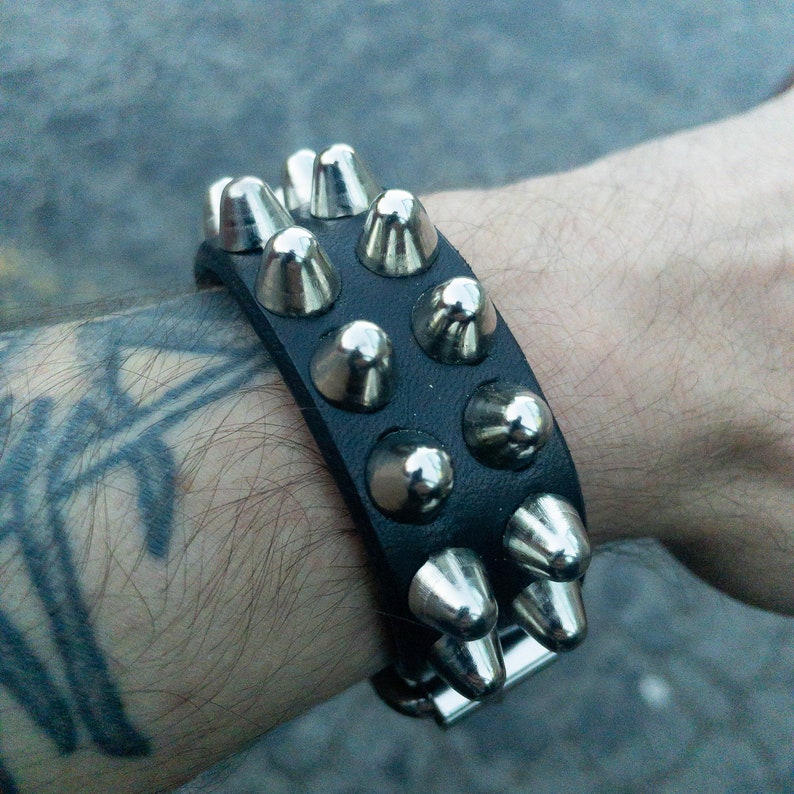 Studded Leather Wristband Cuff. 2-row Short UK77 Cone Studs Leather ...