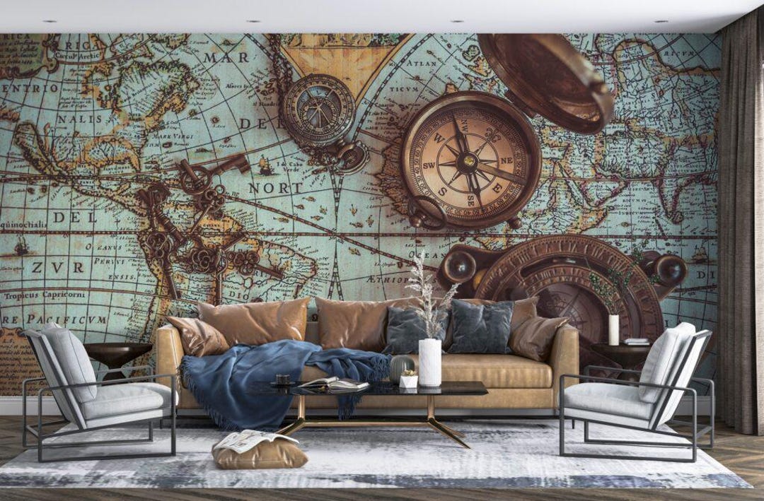 3D Wallpaper With Old Compass and Map Pattern-compass Themed Wallpaper ...