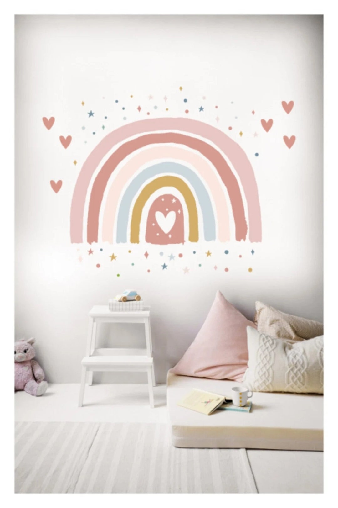 Boho Pink Rainbow Wall Decal: Hearts Nursery Decor - Etsy