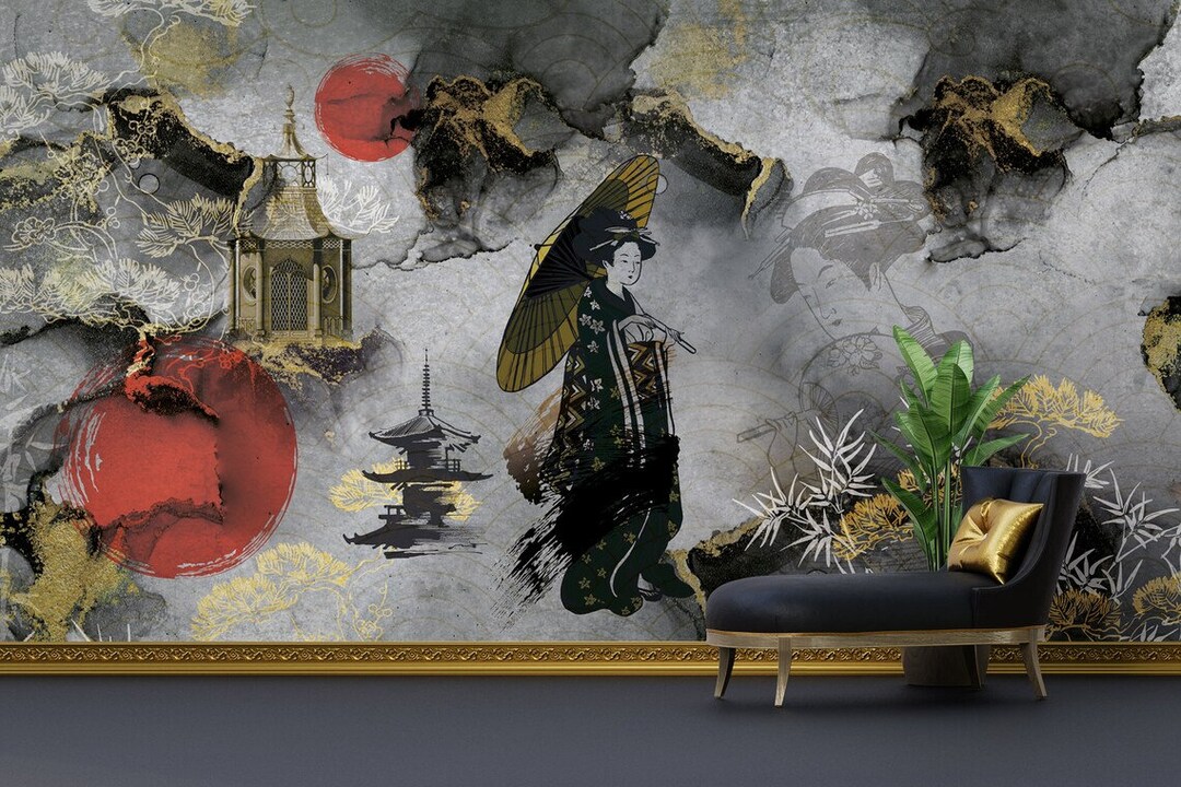 Japanese Geisha Peel and Stick Wallpaper: Asian Art Deco Mural - Etsy