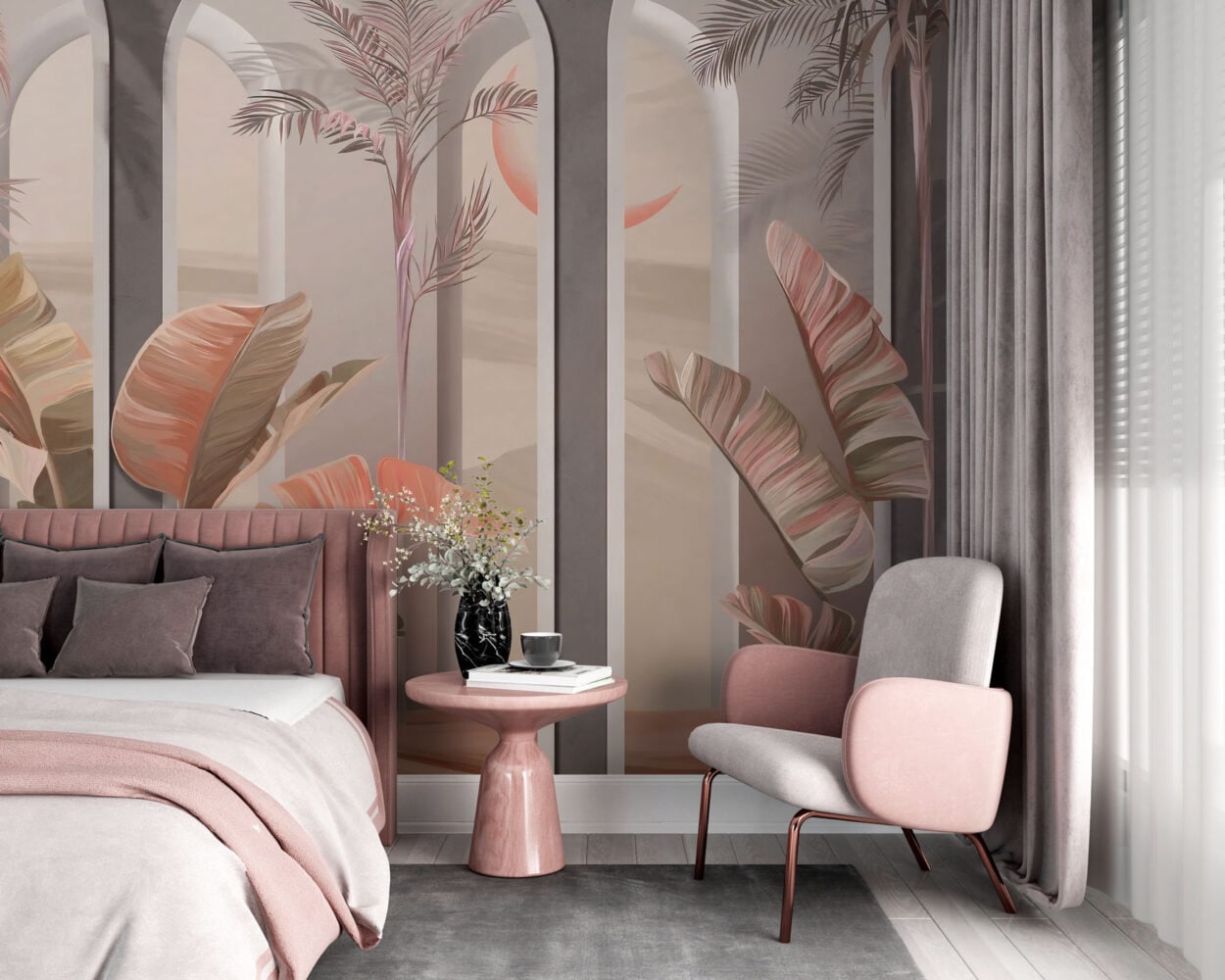 Tropical Leaves and Arches Mural-arched Wallpaper-tropical Mural-pink ...