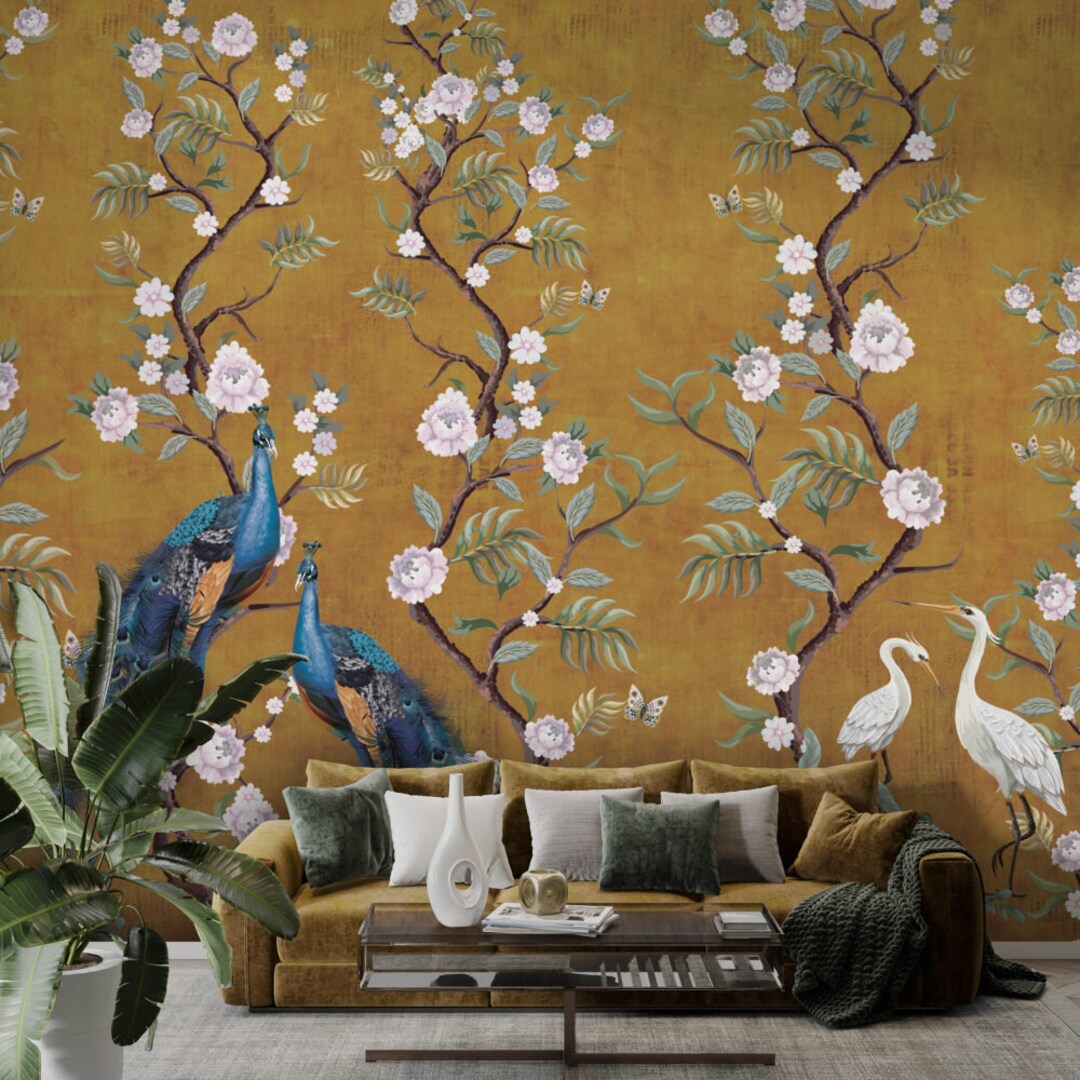 Peacock Themed Yellow Wall Mural-birds and White Spring Flowers Wall ...