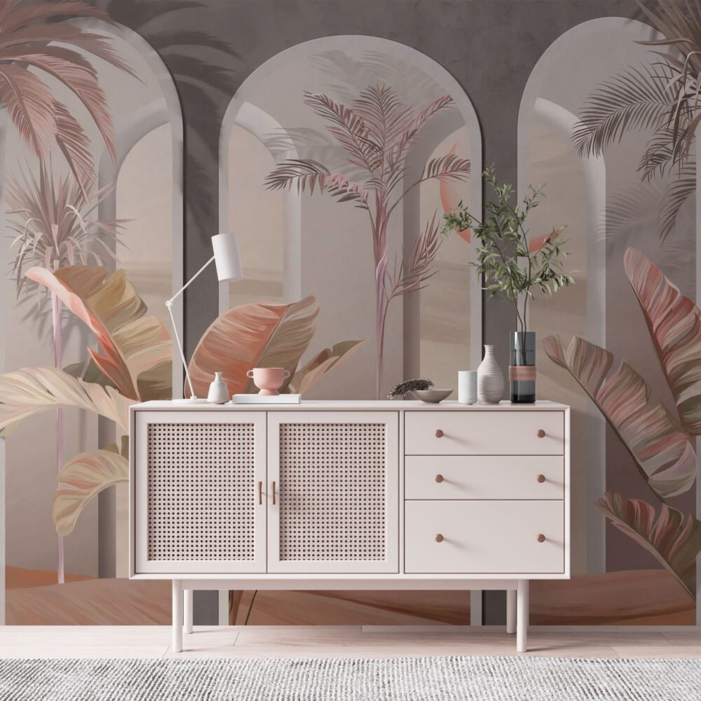 Tropical Leaves and Arches Mural-arched Wallpaper-tropical - Etsy