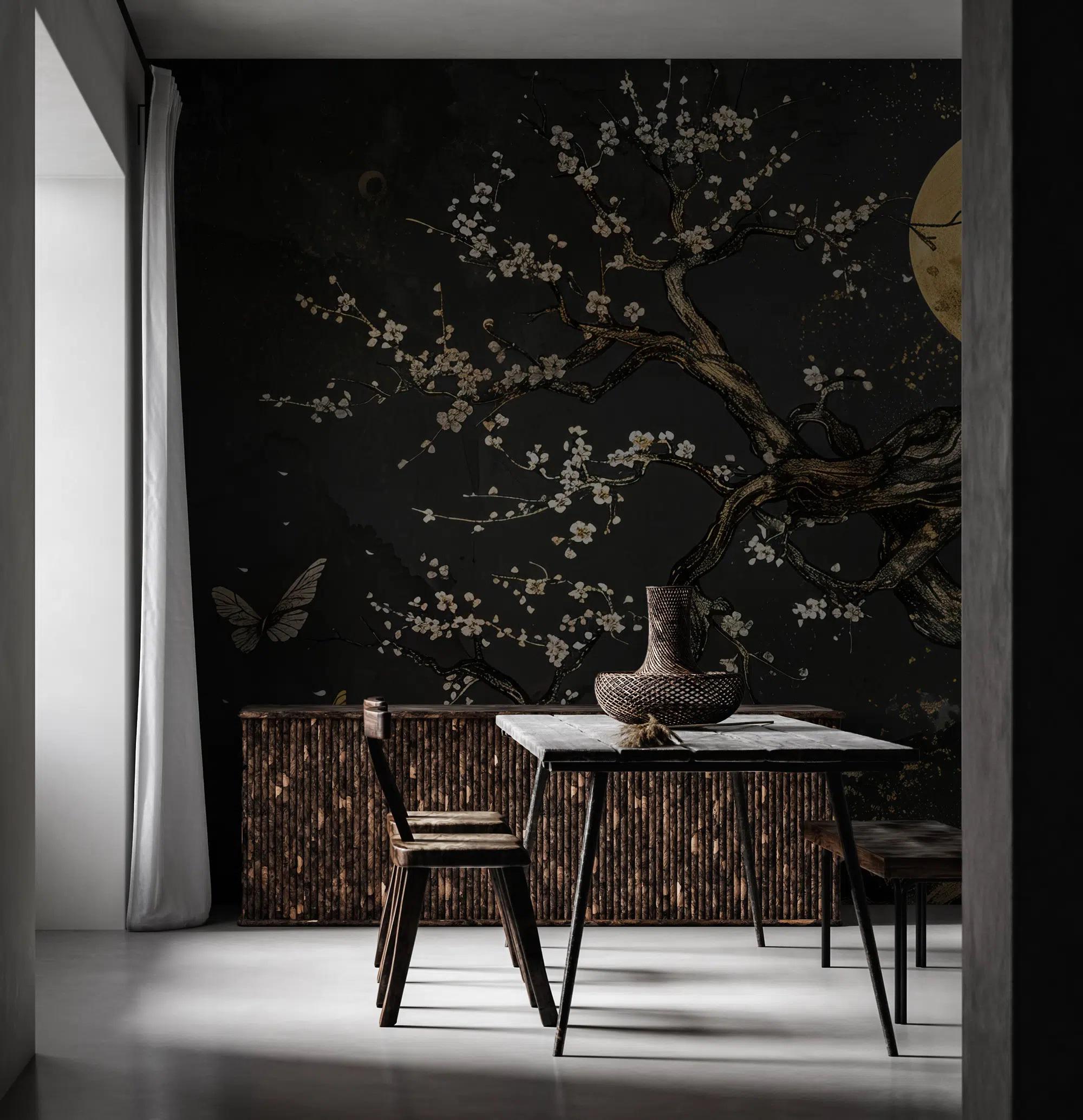 Moonlight Spring Flowers Wallpaper Mural: Butterfly Tree Branch Wall ...