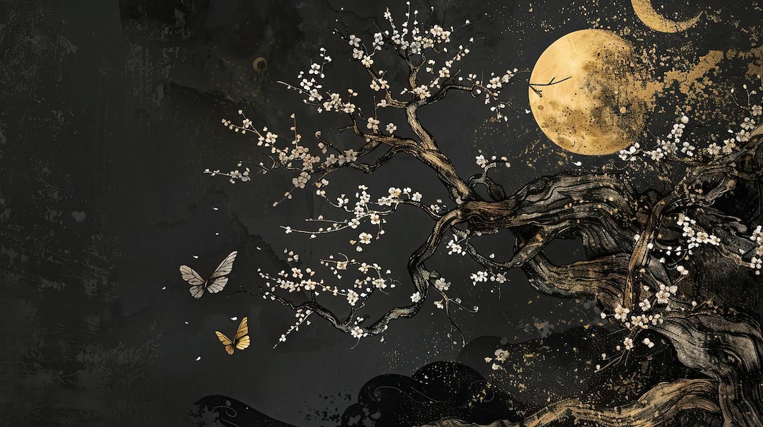 Moonlight Spring Flowers Wallpaper Mural: Butterfly Tree Branch Wall ...