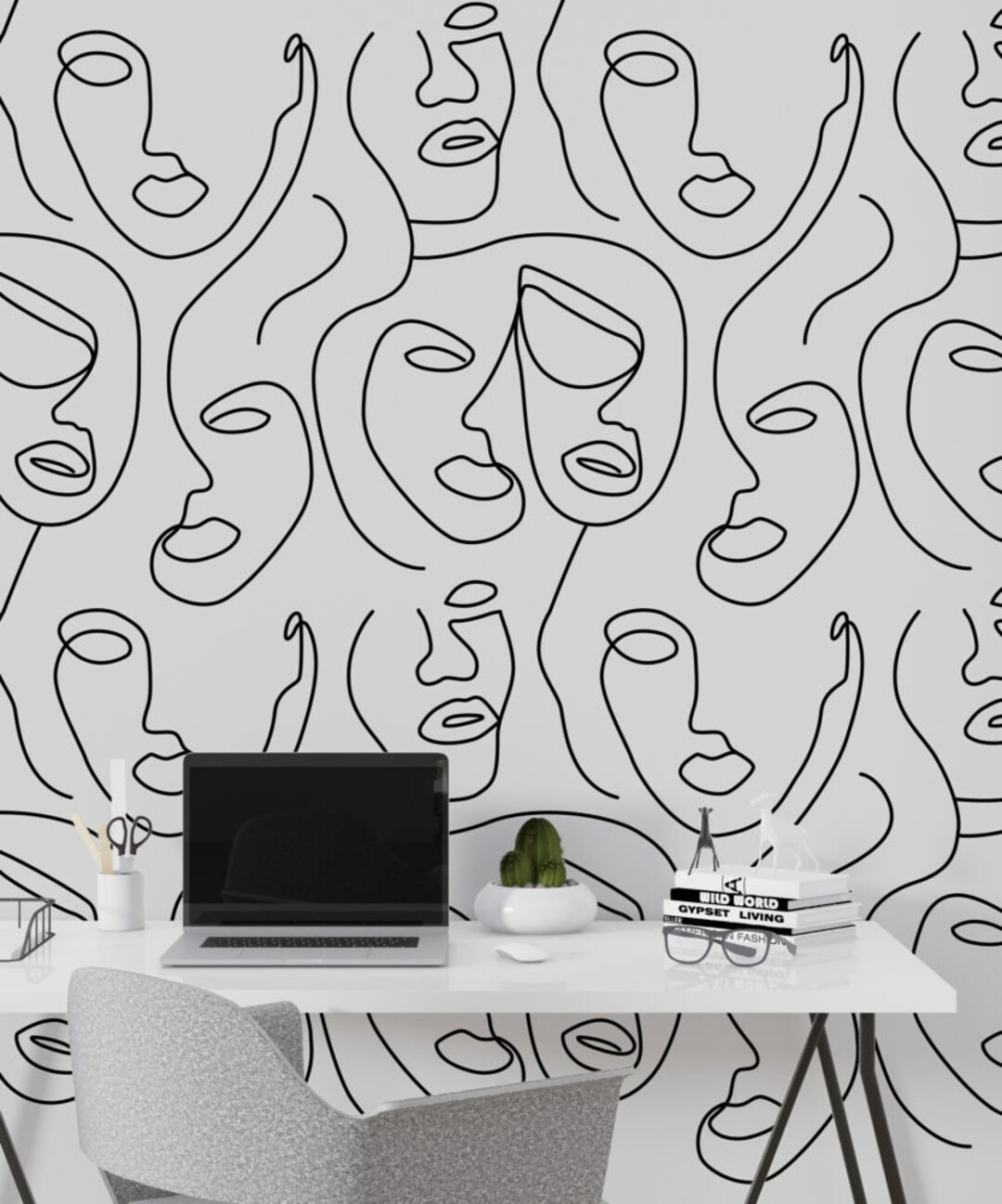 Gray Background Linear Portraits Wallpaper, Wall Mural , Peel and Stick ...