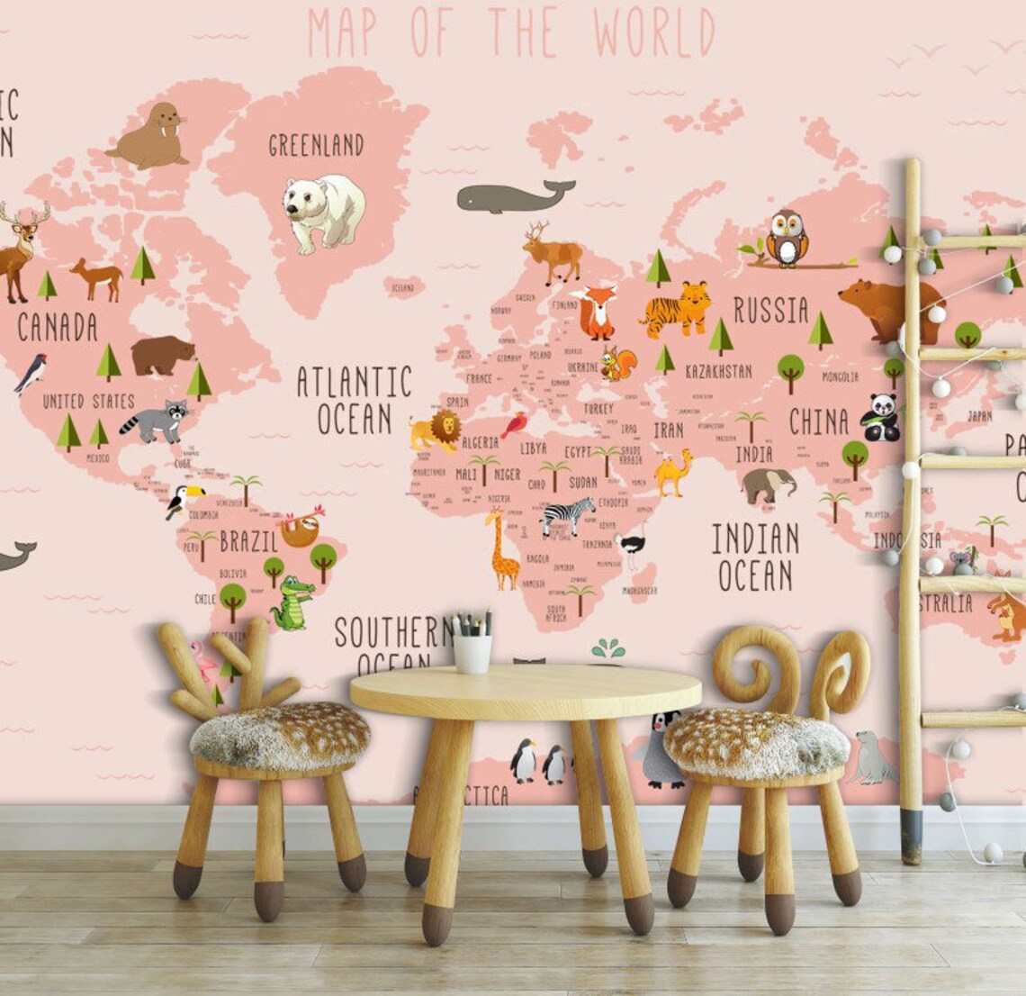 Childrens World Map 3D Wallpaper With Trees and Animals on Pink Color ...