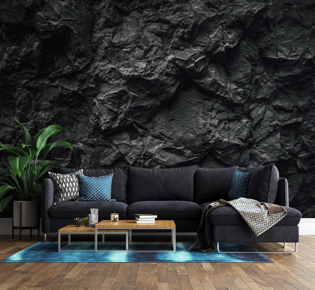 Black Rock Look Wallpaper-black Stone Relief Look Wall Mural-black ...