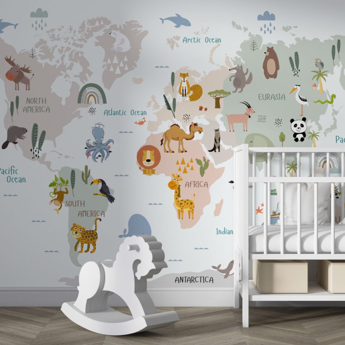 World Map Themed Cute Animals Wallpaper-continents and Ocean Themed ...