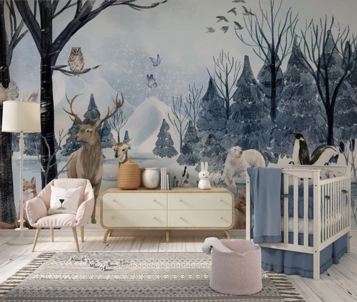 Snow Themed Jungle and Animals Wallpaper , Peel and Stick Nature Wall ...