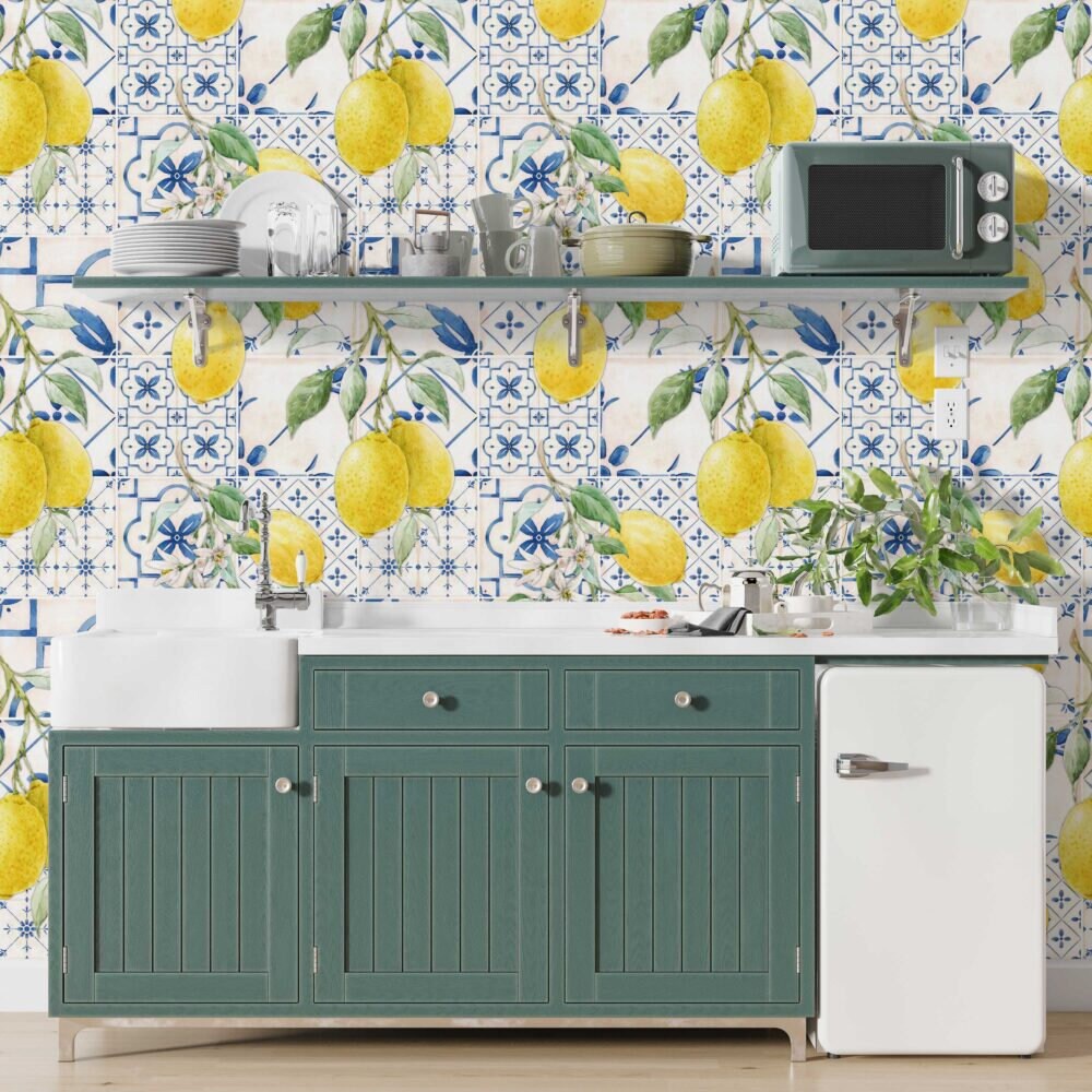 Tile Wallpaper-lemon Floral Wallpaper-kitchen Decoration-blue Tiled ...