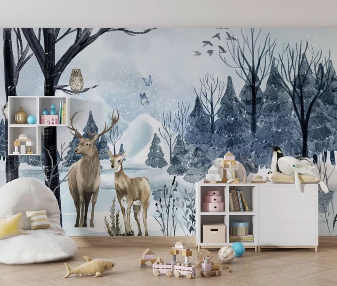 Snow Themed Jungle and Animals Wallpaper , Peel and Stick Nature Wall ...