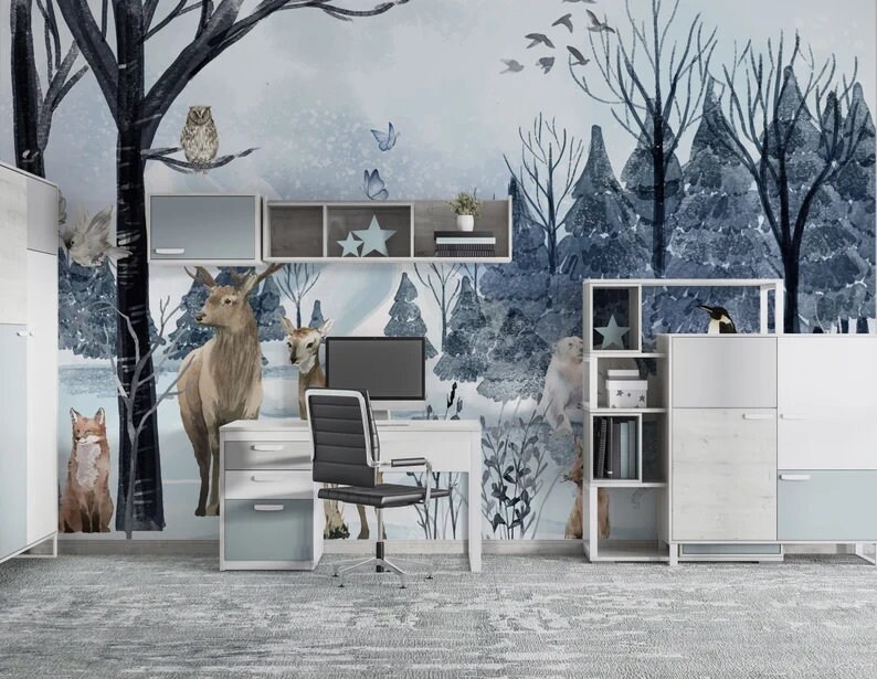 Snow Themed Jungle and Animals Wallpaper , Peel and Stick Nature Wall ...