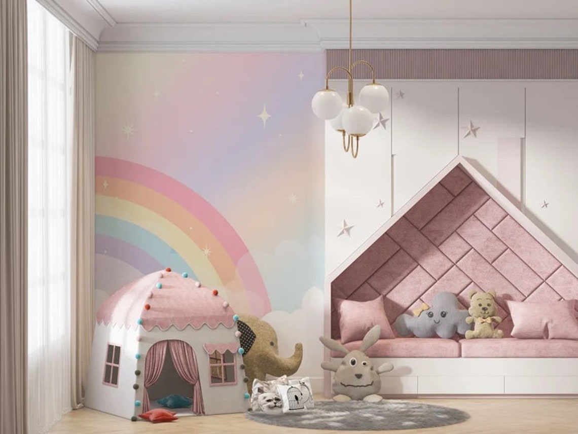 Pastel Rainbow Stripes Kids Wallpaper , Girls Rainbow Wallpaper , Peel ...
