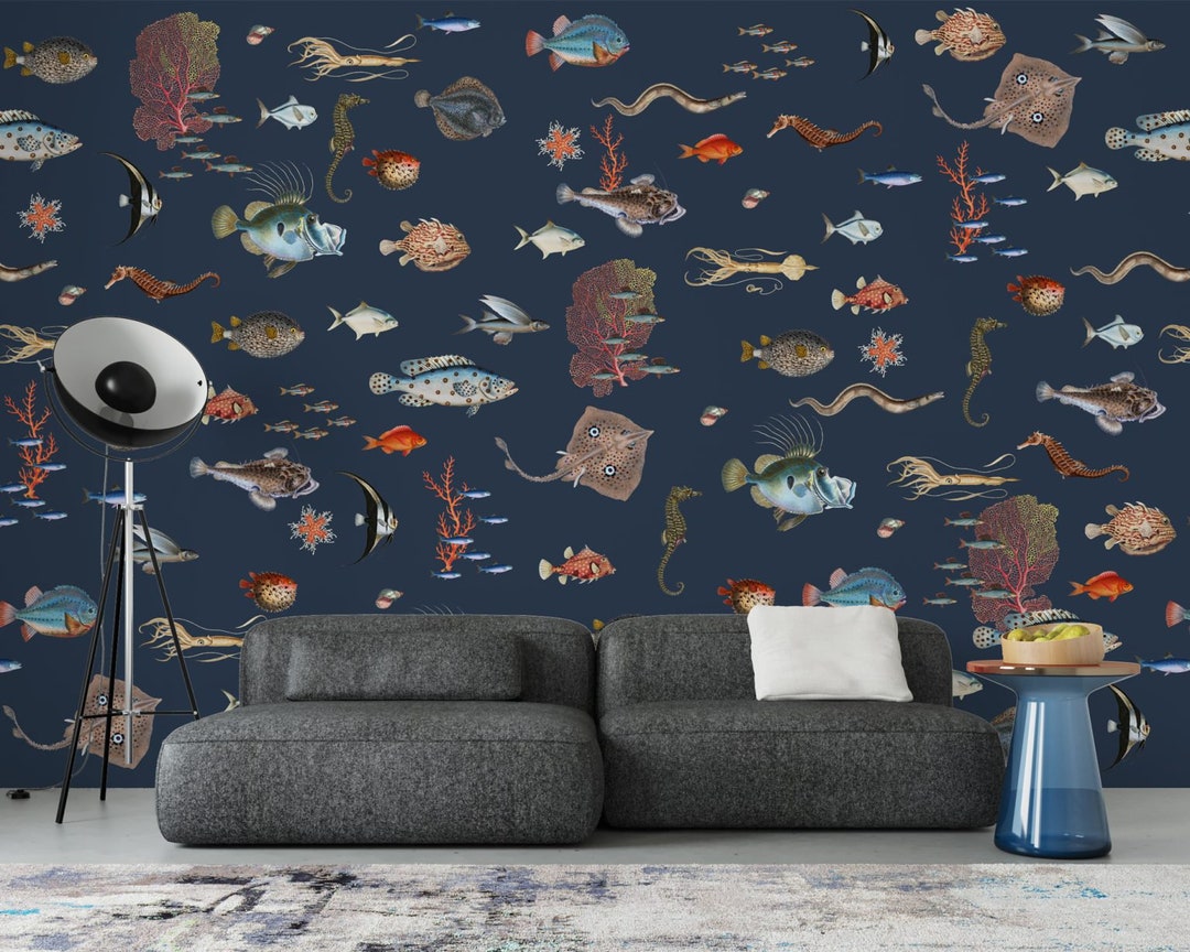 Sea Creatures and Corals Wall Mural-sea Creatures Mural on a Dark Blue ...