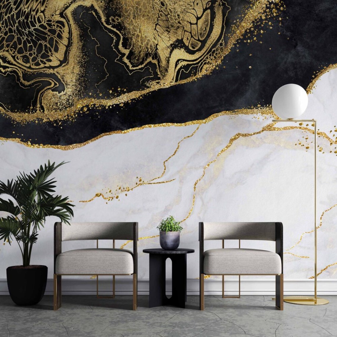 Gold Detailed Black and White Marble Wallpaper Art Deco Removable ...