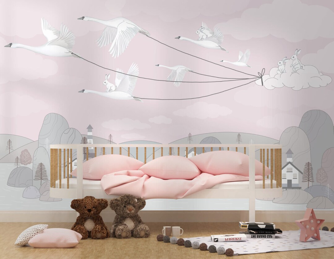 Bunnies Traveling With Birds Wall Mural-bunnies Flying on Clouds-pink ...