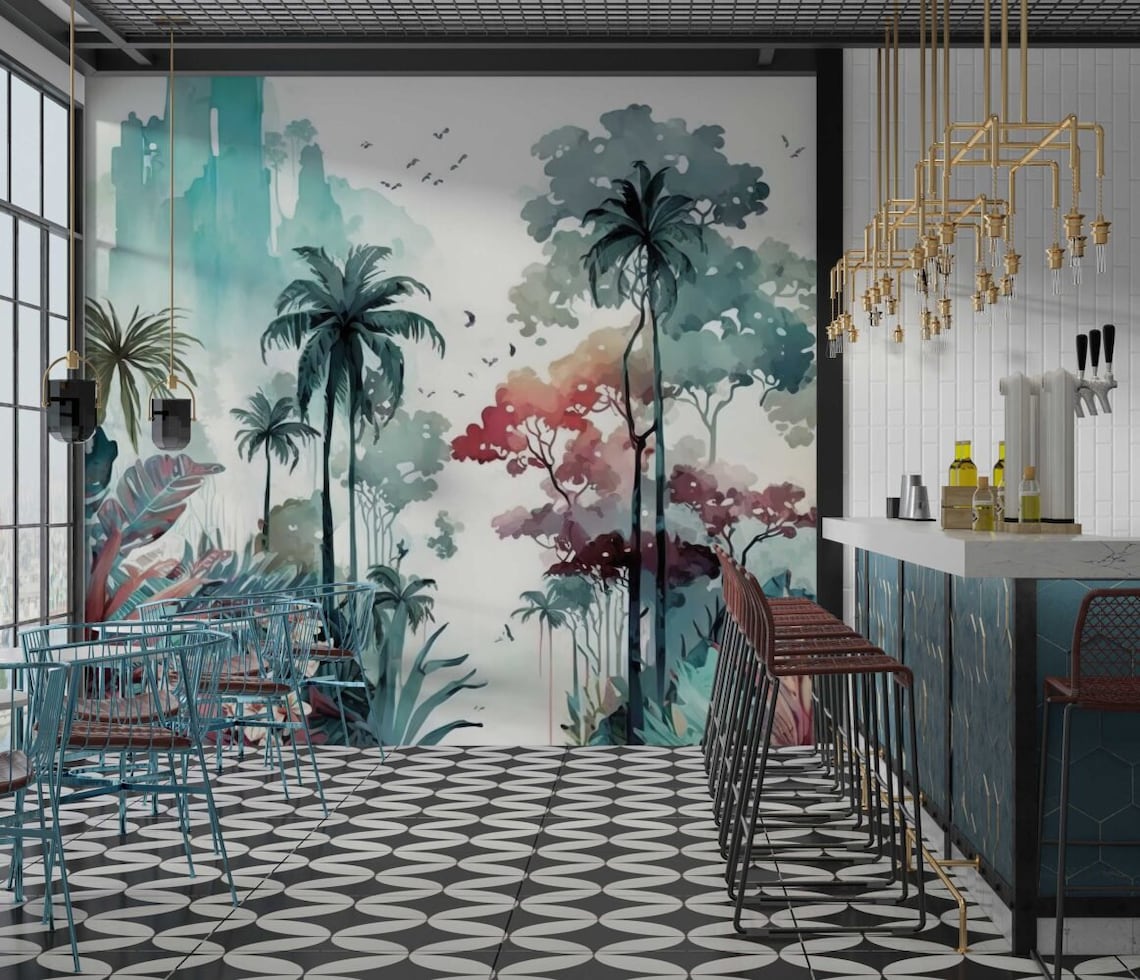 Watercolor Themed Tropical Mural-palm Trees and Tall Trees Mural-palm ...