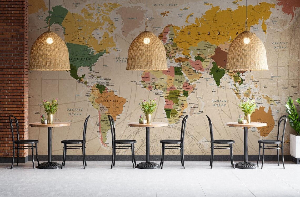 World Map Wallpaper , Office Decor Map Wallpaper , Stylish Peel and ...
