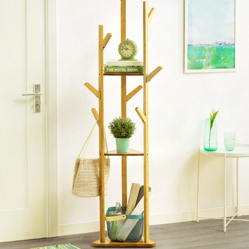 Wooden Coat Hat Hanger Stand With 2 Shelves Crafted Storage Rack Coat ...