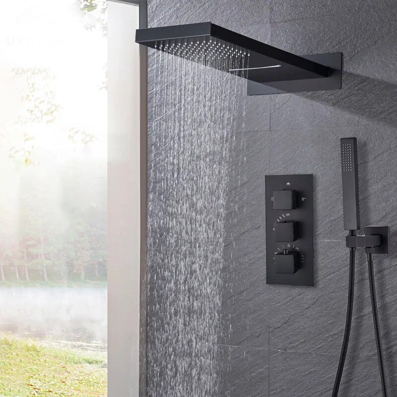 Luxury Waterfall Rainfall Shower Faucet Thermostat Valve Mixers Wall ...