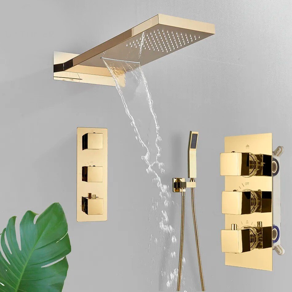 Luxury Waterfall Rainfall Shower Faucet Thermostat Valve Mixers Wall ...
