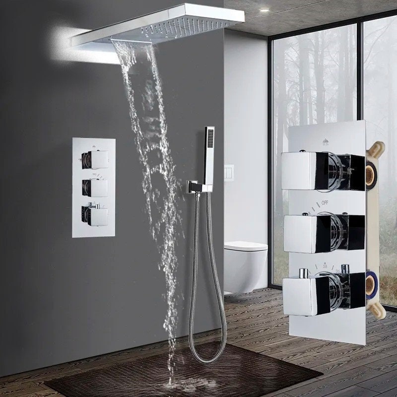 Luxury Waterfall Rainfall Shower Faucet Thermostat Valve Mixers Wall ...