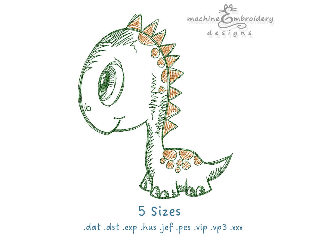 Dinosaur Machine Embroidery Design, Dino in Doodle Style, 5 Sizes ...