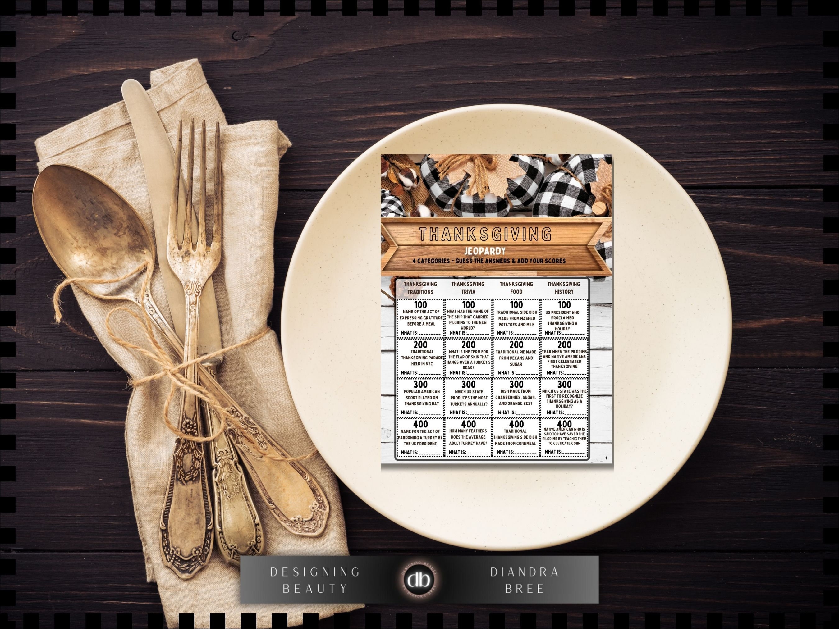 Thanksgiving Jeopardy Party Game Printable Rustic Pumpkin Fall Activity ...