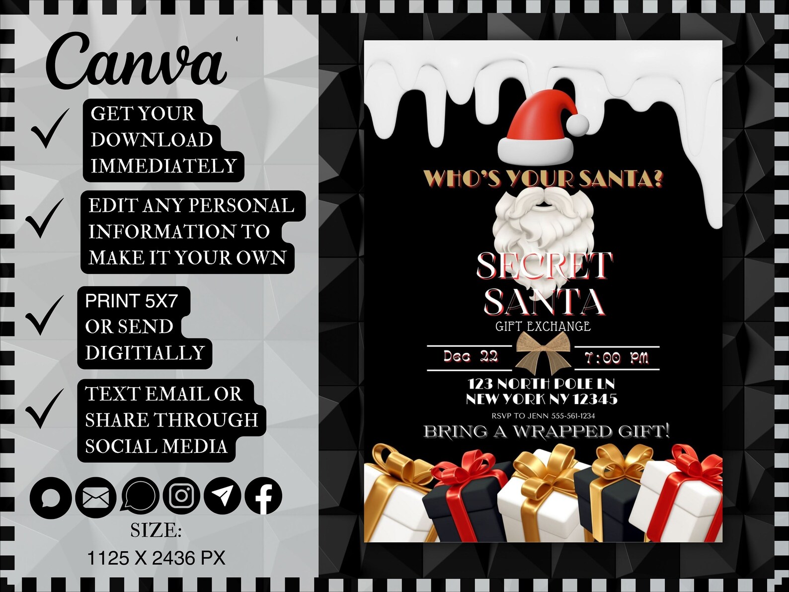 Editable Secret Santa Gift Exchange Digital Christmas Party Invitation ...