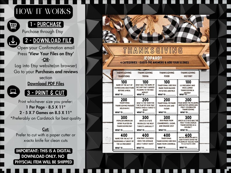 Thanksgiving Jeopardy Party Game Printable Rustic Pumpkin Fall Activity ...