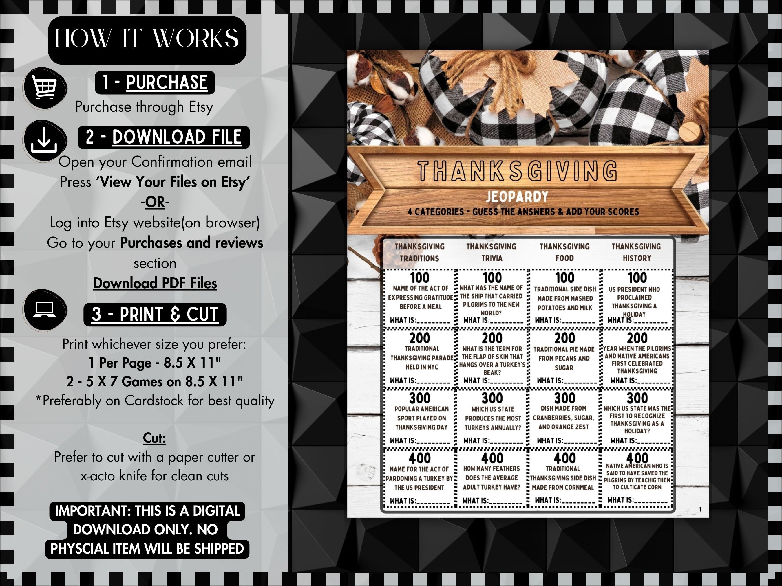 Thanksgiving Jeopardy Party Game Printable Rustic Pumpkin Fall Activity ...