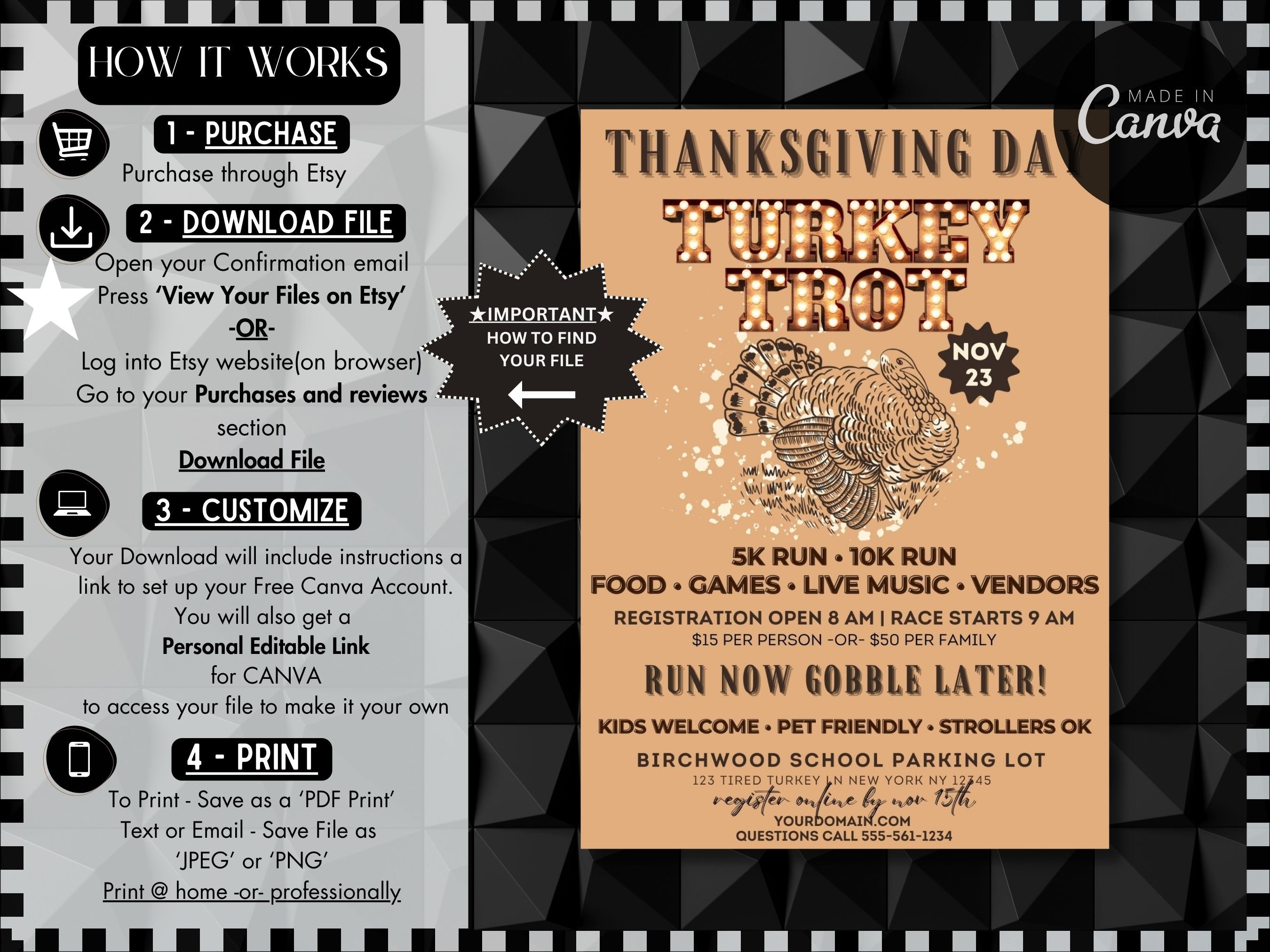 Editable Thanksgiving Turkey Trot Flyer Thanksgiving Day Marathon Fall ...