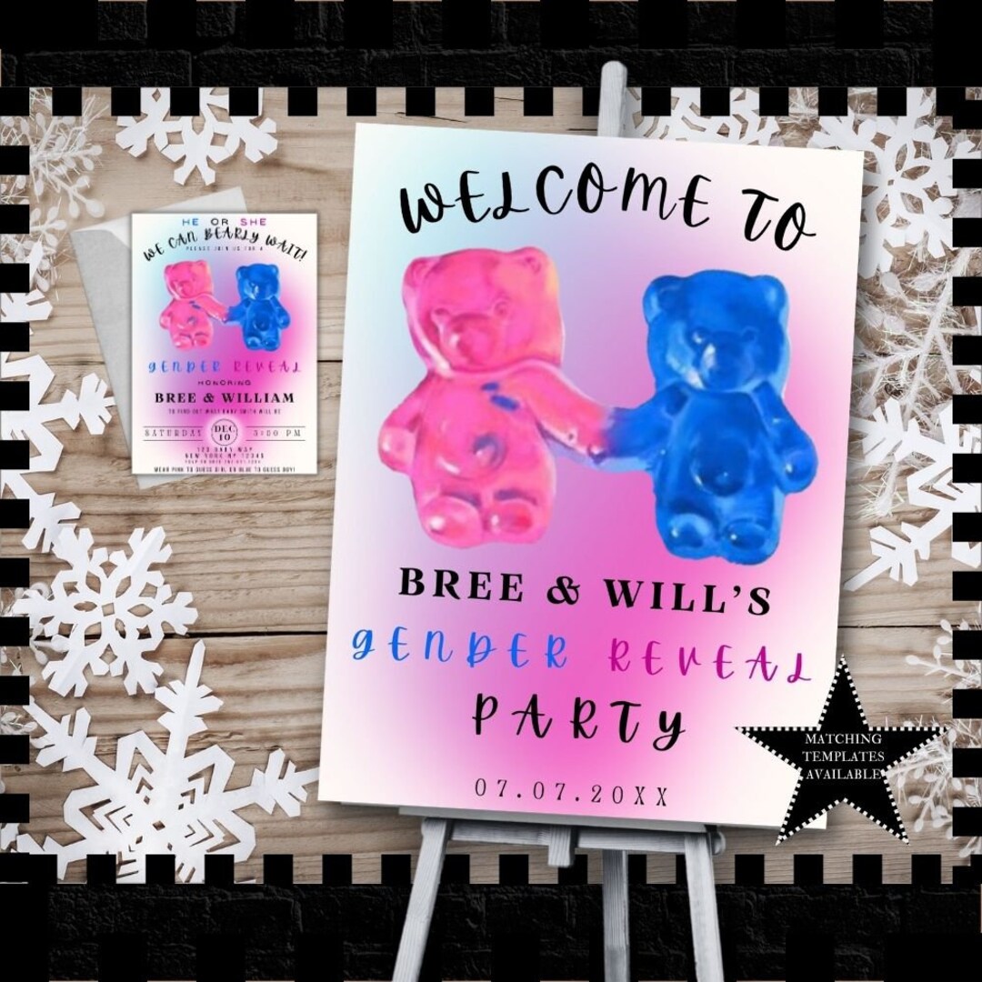 Editable Can Bearly Wait Gender Reveal Welcome Sign Gummy Bear He or ...