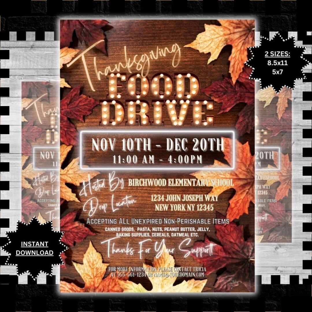 Editable Thanksgiving Fall Food Drive Flyer Community Hunger Drive ...