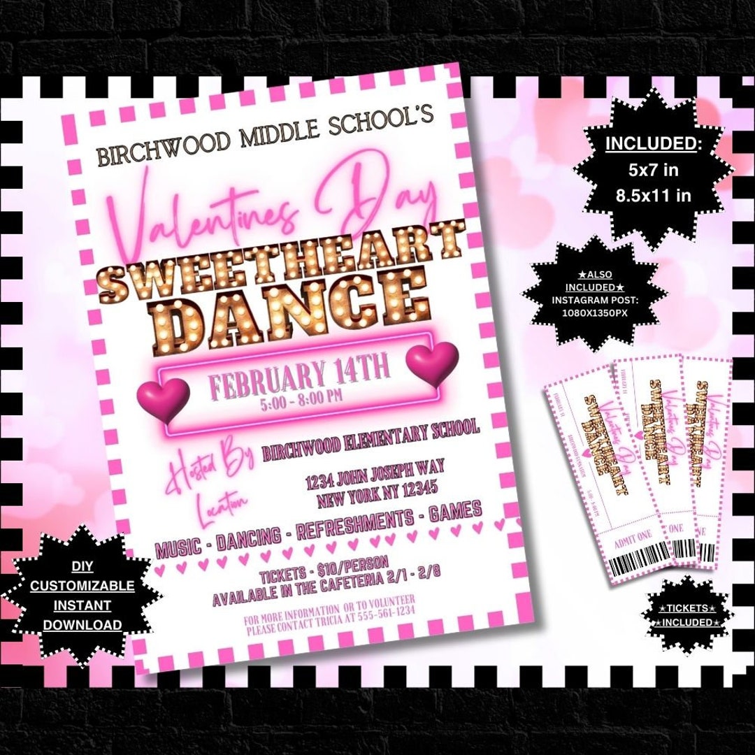 Editable Valentines Day Sweetheart Dance Flyer School Dance Flyer ...